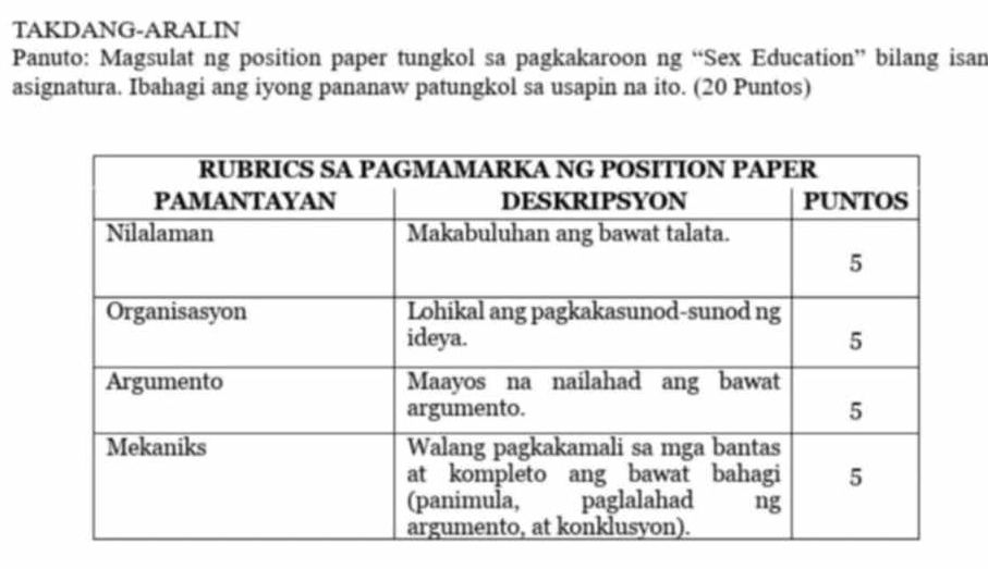 TAKDANG-ARALIN Panuto: Magsulat ng position | StudyX