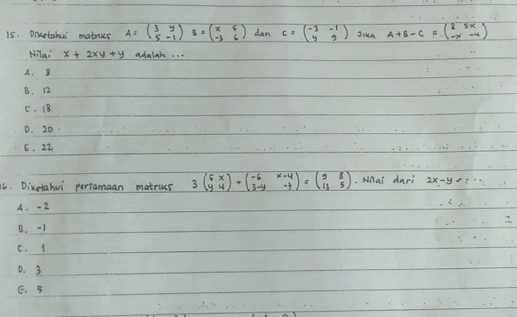 15. Diketahui matriks $A = 3 y 5 -1 | StudyX