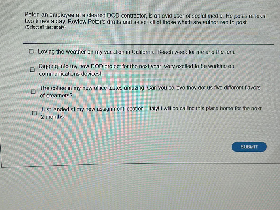 Peter, an employee at a cleared DOD | StudyX