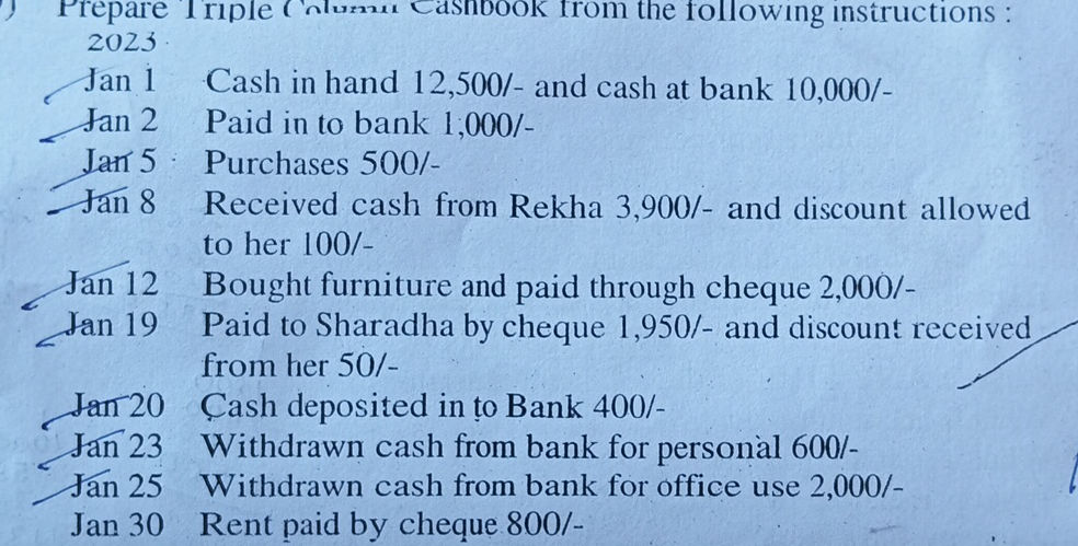 Prepare Triple Column Cashbook from the | StudyX