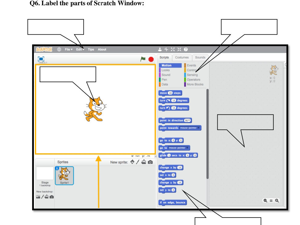 Q6. Label the parts of Scratch Window: | StudyX