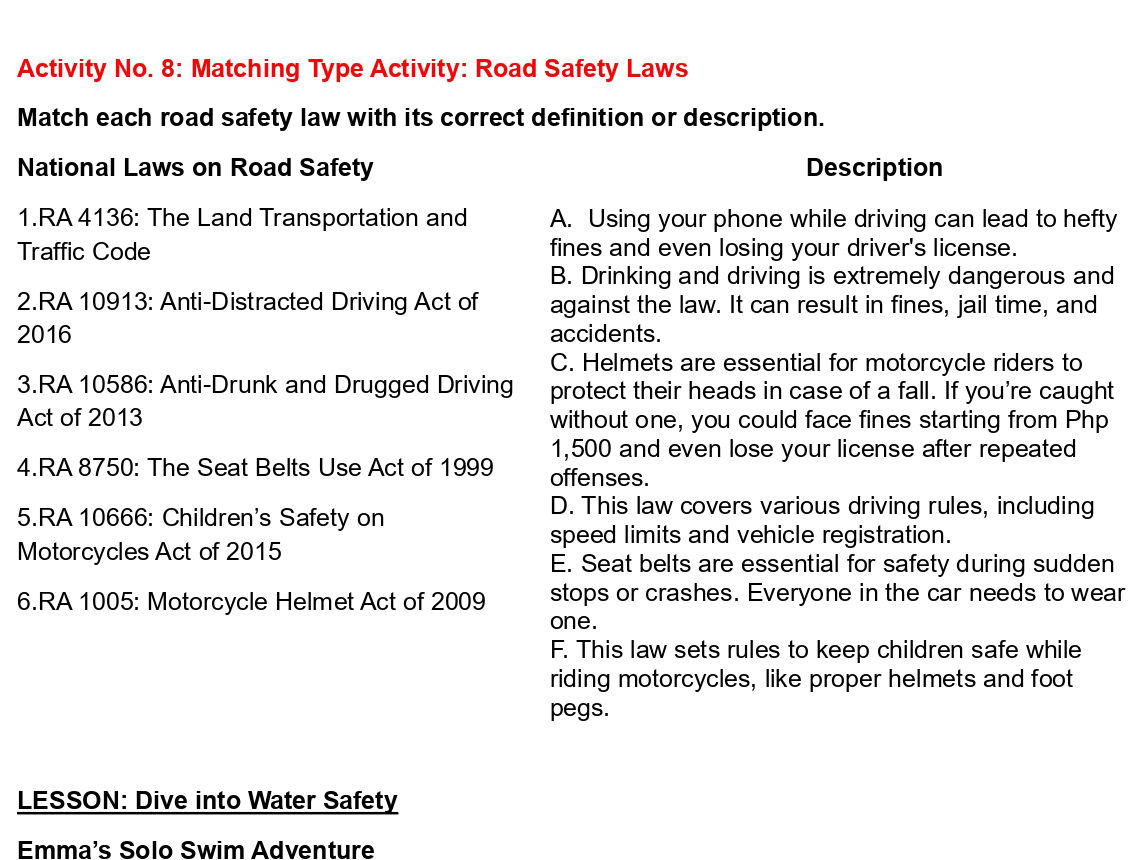 Activity No. 8: Matching Type Activity: Road | StudyX