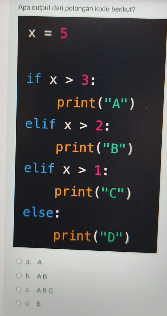 Apa output dari potongan kode berikut? x = | StudyX