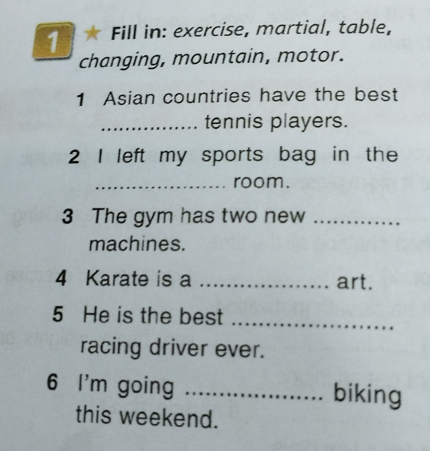 Fill in: exercise, martial, table, changing, | StudyX