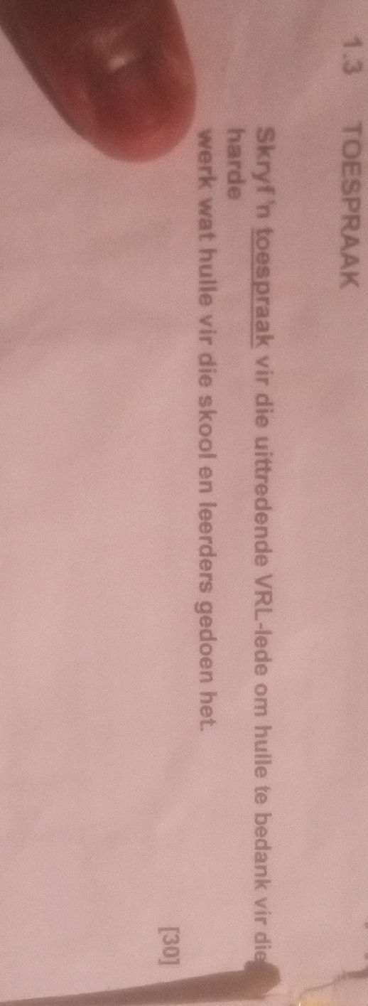 1.3 TOESPRAAK Skryf 'n toespraak vir die | StudyX