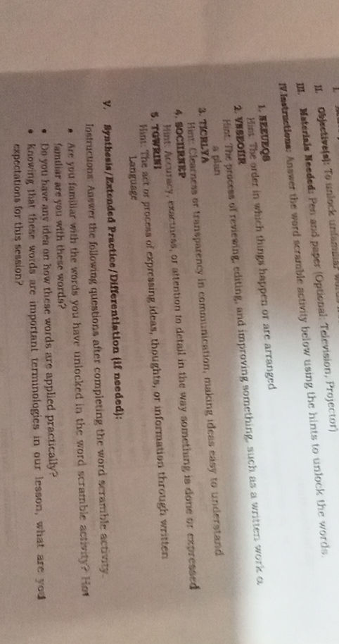 IV. Instructions: Answer the word scramble | StudyX