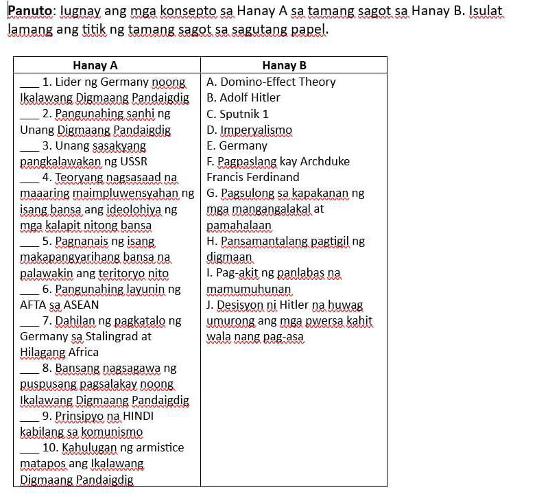 Panuto: lugnay ang mga konsepto sa Hanay A | StudyX