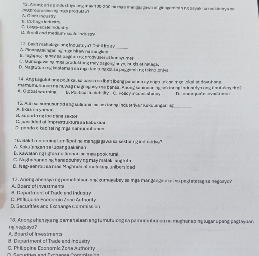 12. Anong uri ng industriya ang may 100-200 | StudyX