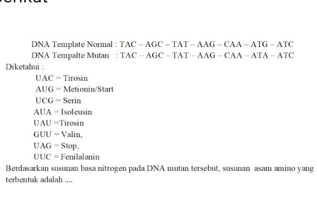 DNA Template Normal : TAC - AGC - TAT - AAG | StudyX