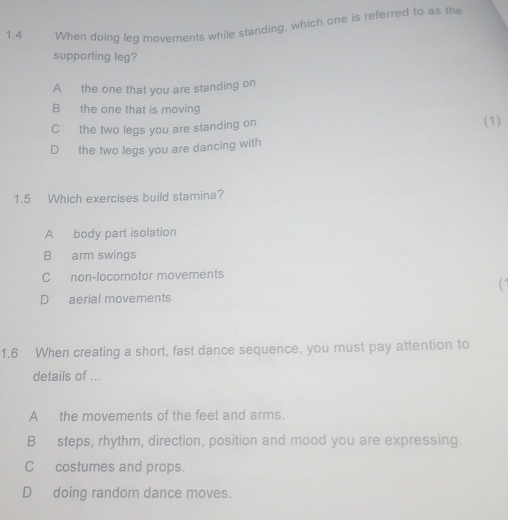 1.4 When doing leg movements while standing, | StudyX