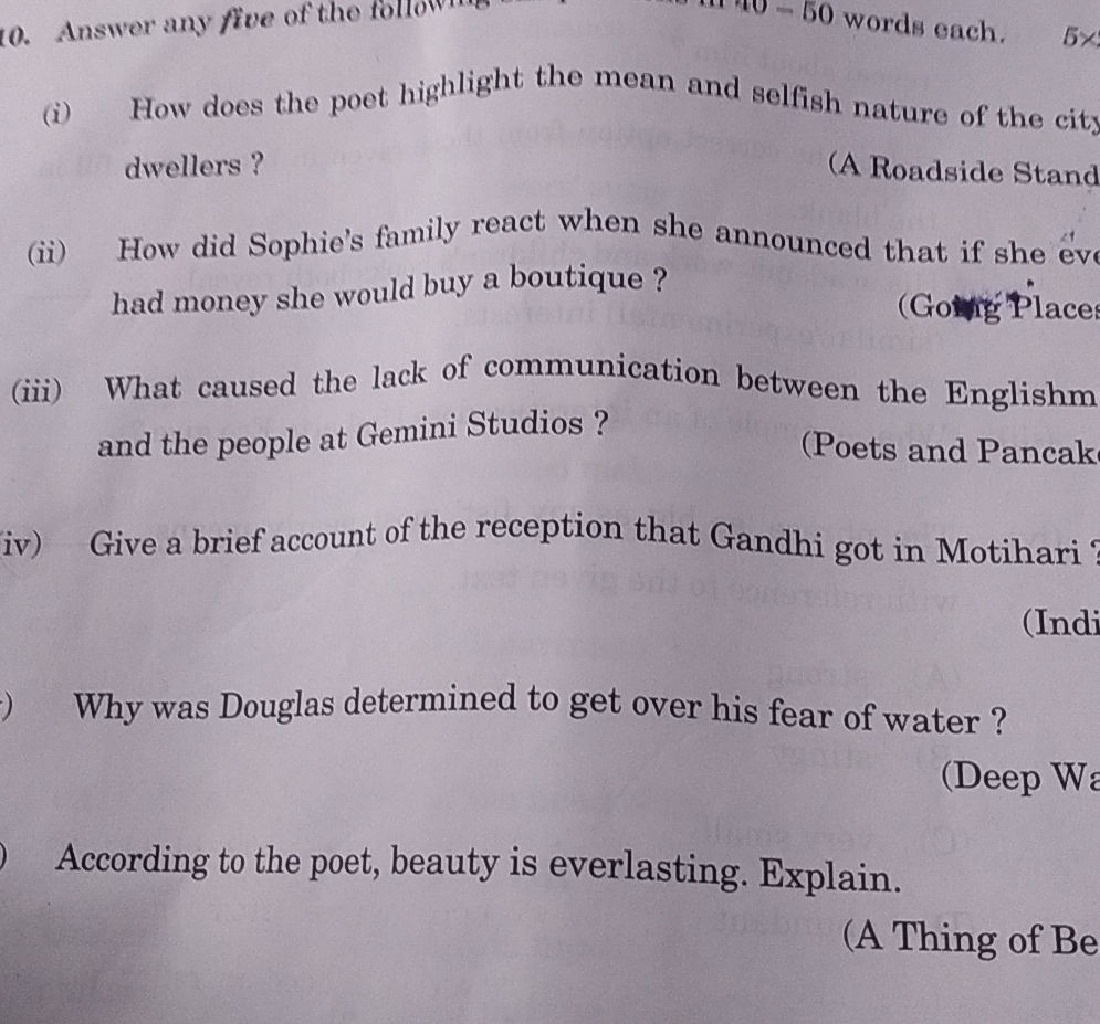 10. Answer any five of the following | StudyX
