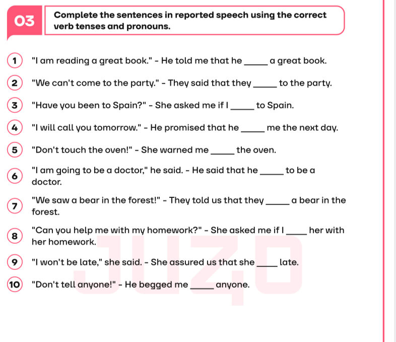 Complete the sentences in reported speech | StudyX