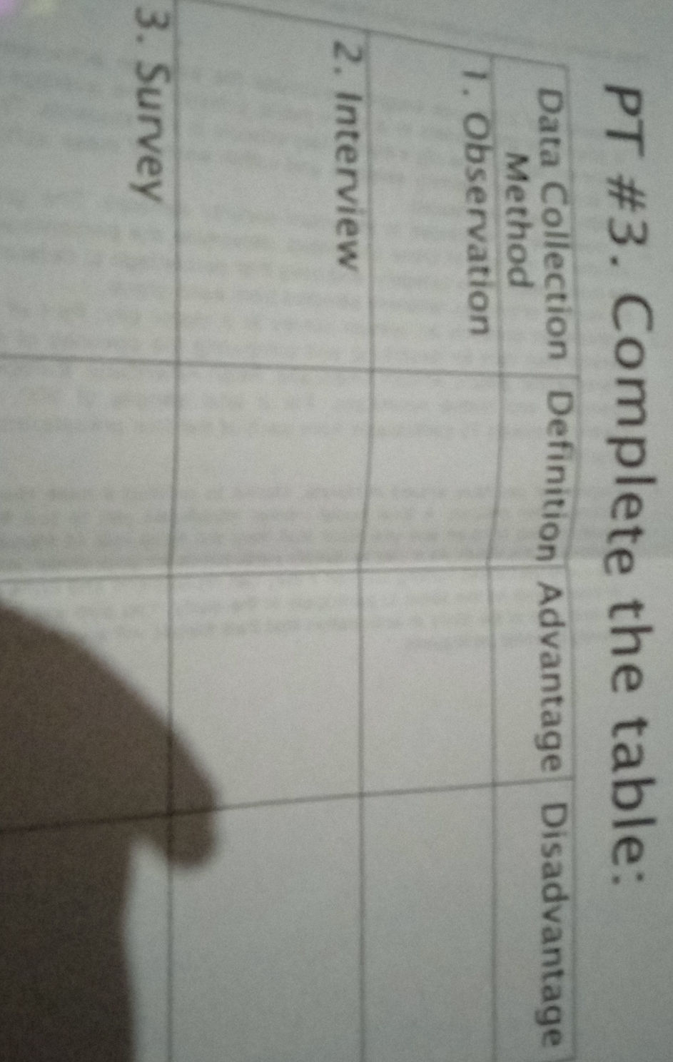 PT #3. Complete the table: | Data | StudyX