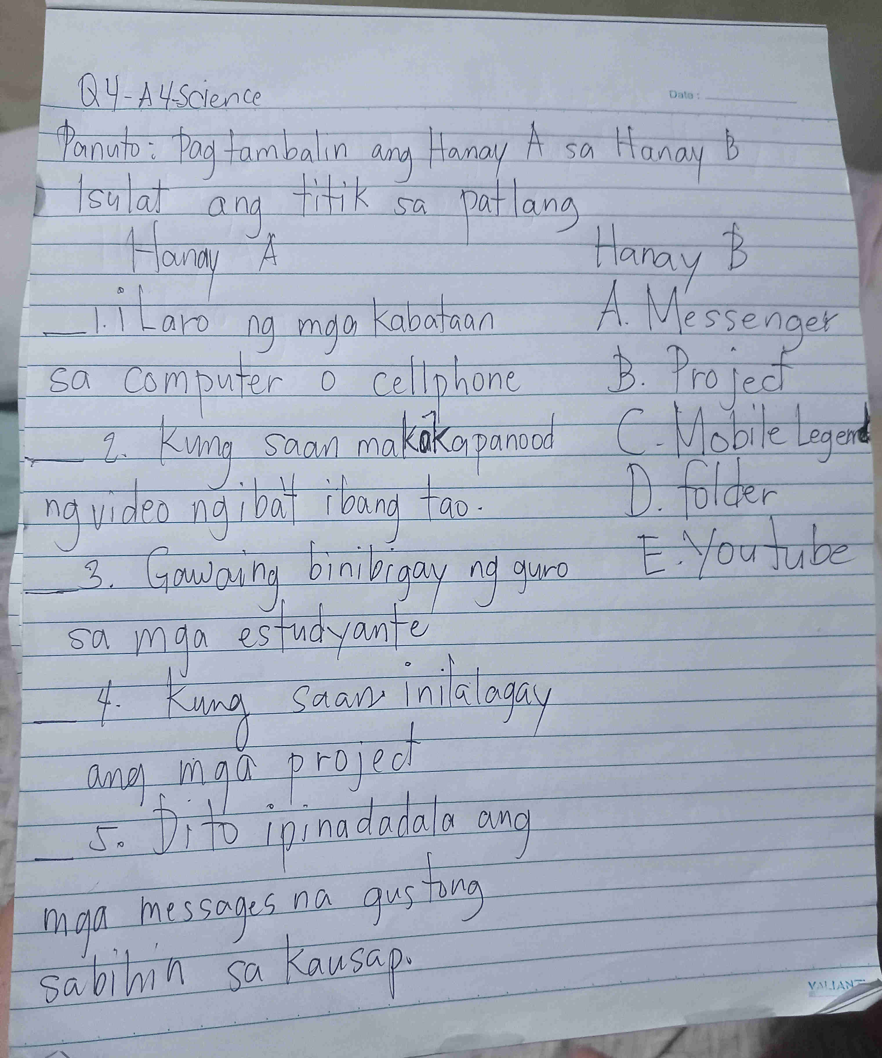 Q4-A4-Science Panuto: Pagtambalin ang Hanay | StudyX