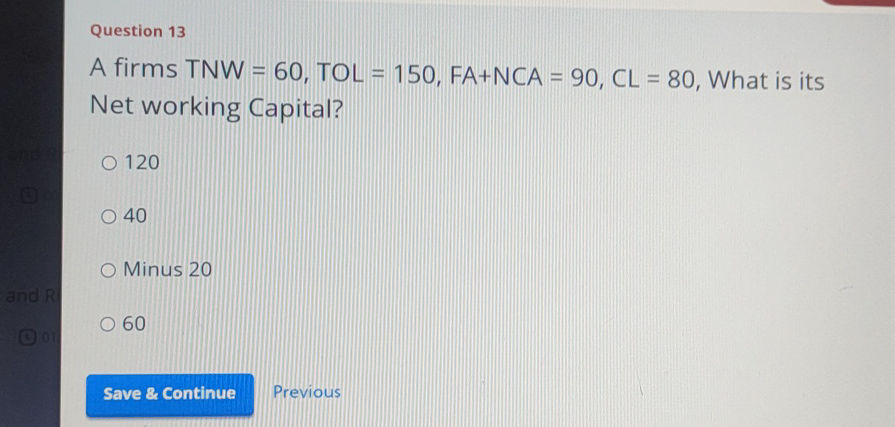 A firms TNW = 60, TOL = 150, FA+NCA = 90, CL | StudyX