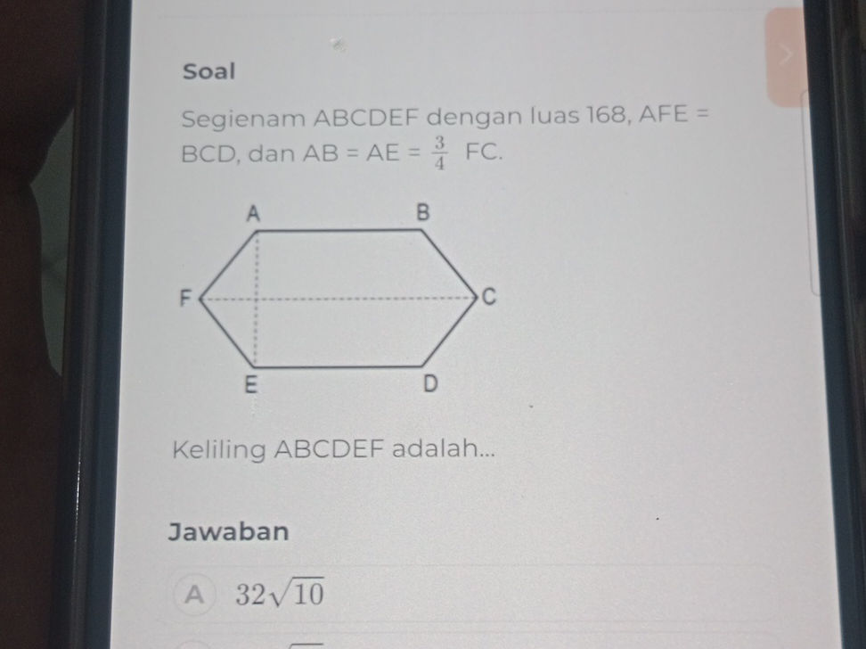 Soal Segienam ABCDEF dengan luas 168, AFE = | StudyX