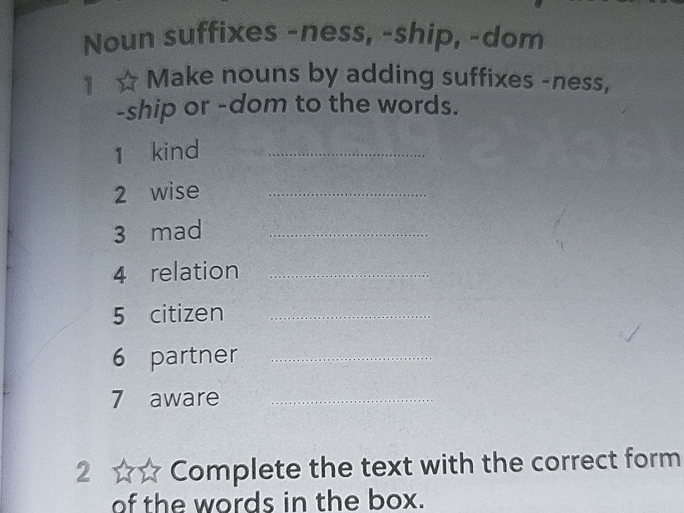 Noun suffixes -ness, -ship, -dom 1 Make | StudyX