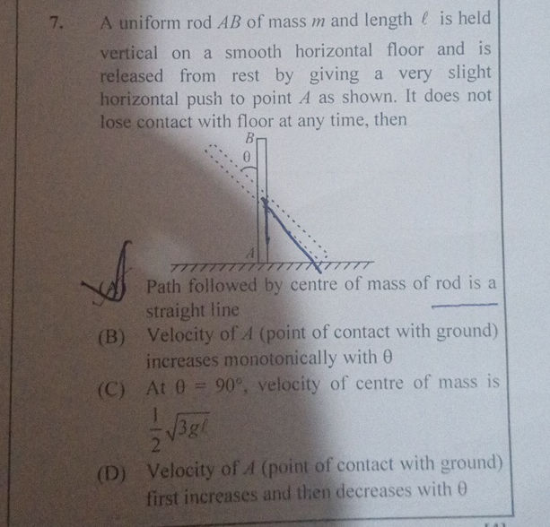 7. A uniform rod AB of mass $m$ and length $ | StudyX