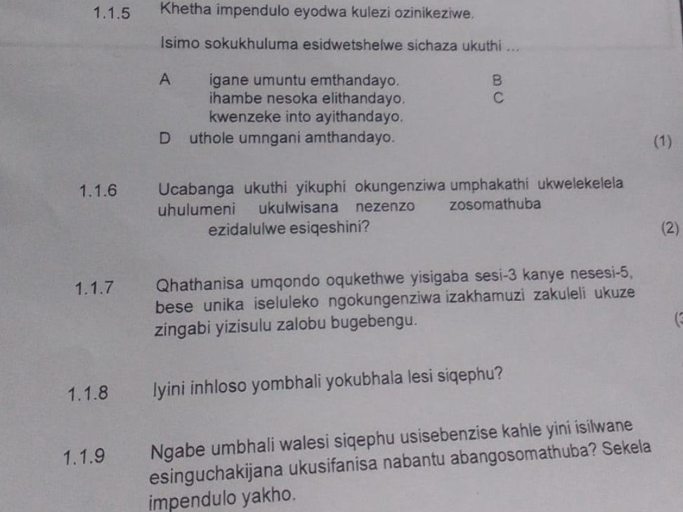 1.1.5 Khetha impendulo eyodwa kulezi | StudyX
