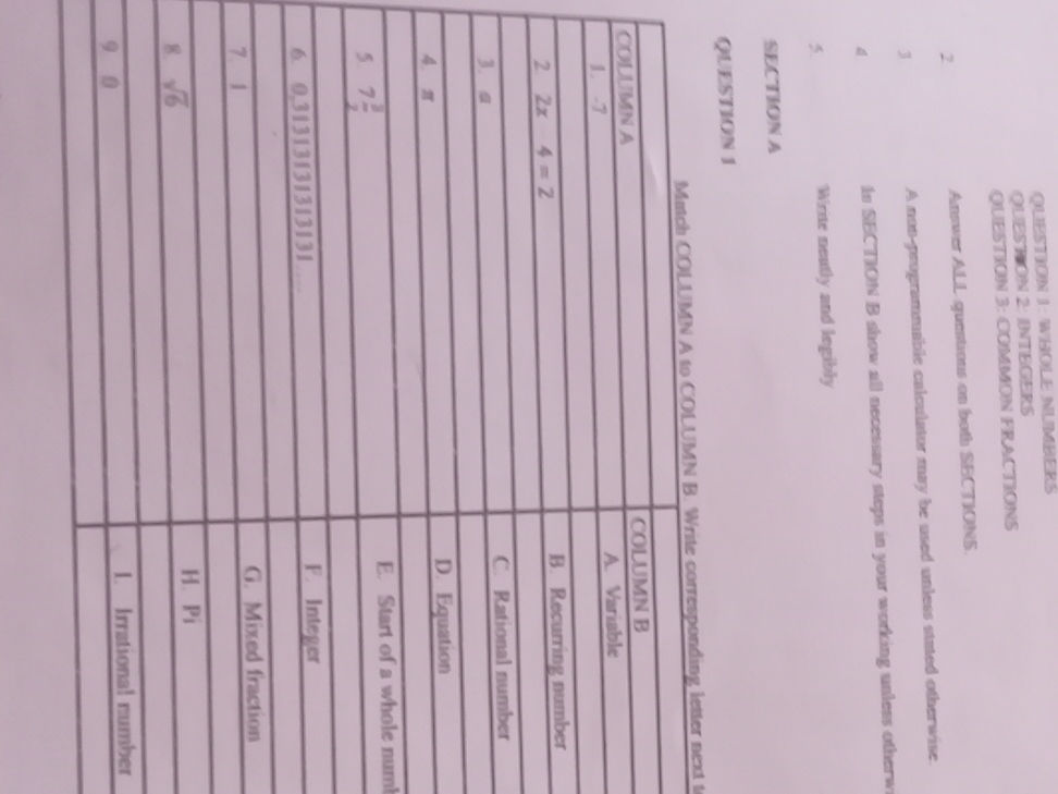 Match COLUMN A to COLUMN B. Write | StudyX