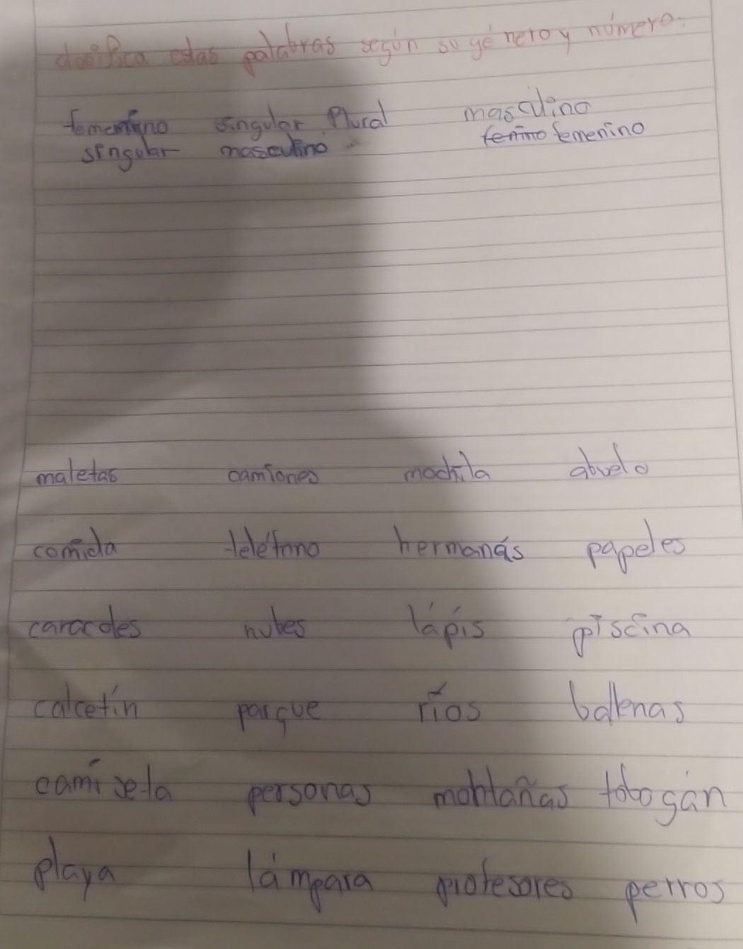 Clasifica estas palabras según su género y | StudyX
