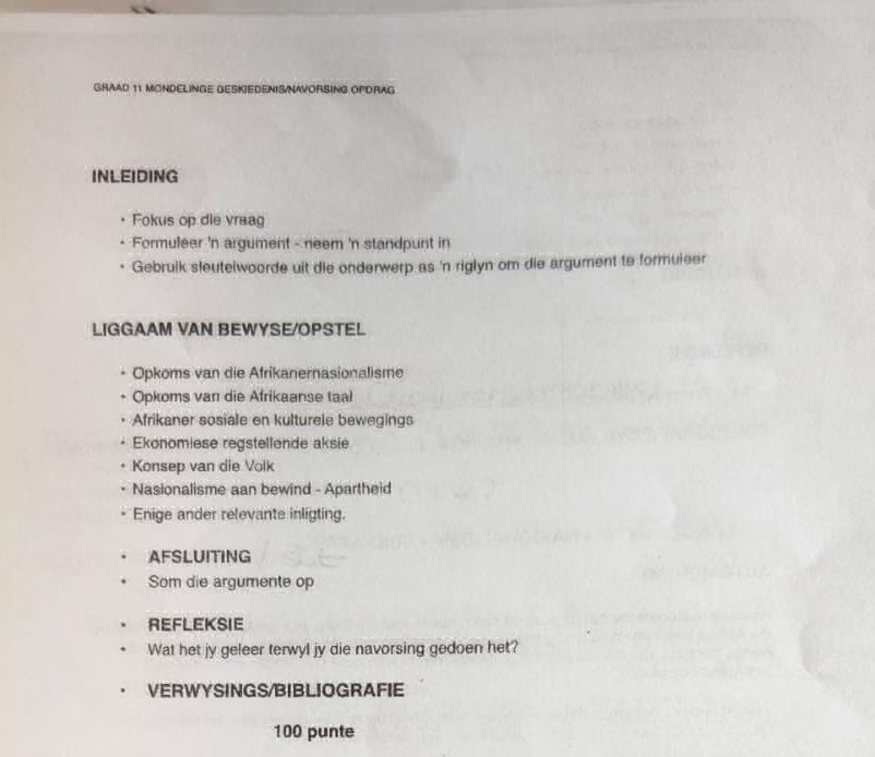 GRAAD 11 MONDELINGE GESKIEDENIS/NAVORSING | StudyX