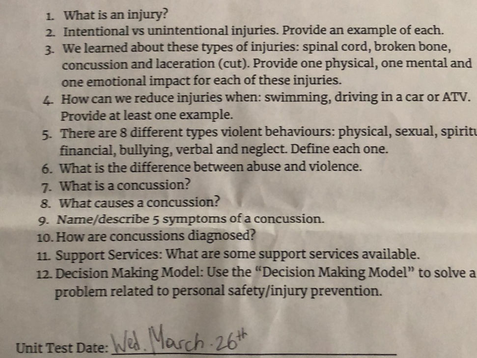 1. What is an injury? 2. Intentional vs | StudyX