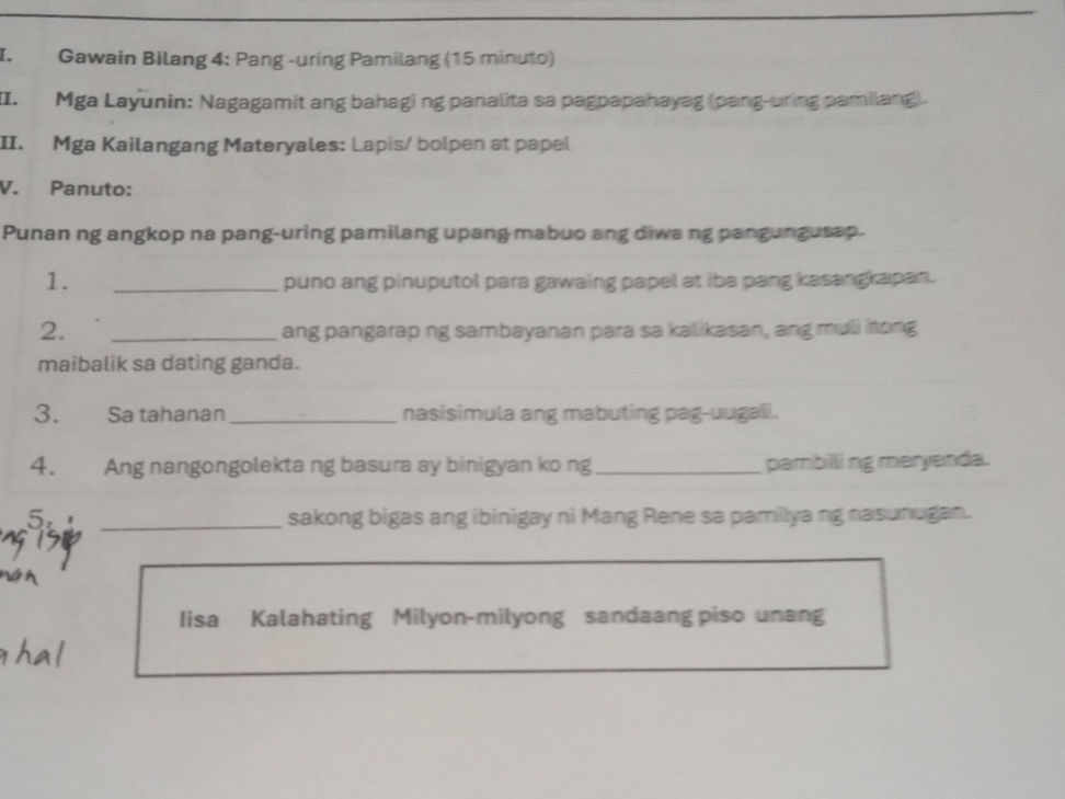Punan ng angkop na pang-uring pamilang upang | StudyX