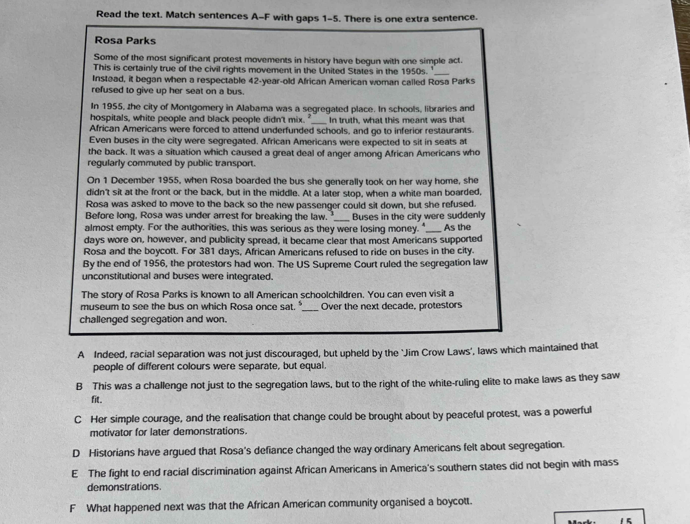 Read the text. Match sentences A-F with gaps | StudyX