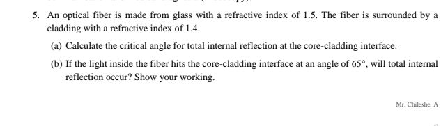 5. An optical fiber is made from glass with | StudyX