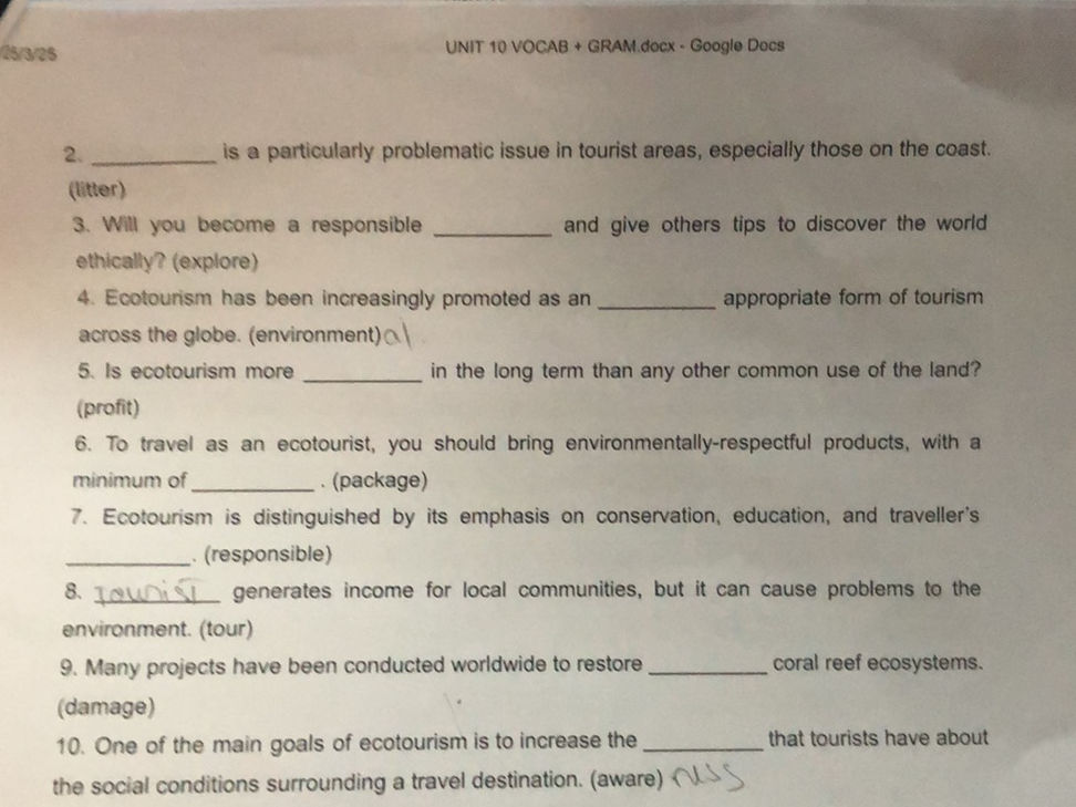 UNIT 10 VOCAB + GRAM. docx - Google Docs 2. | StudyX