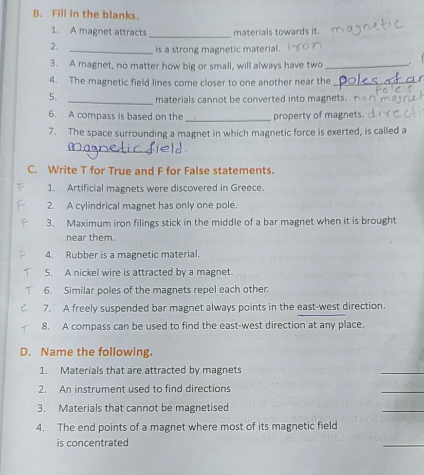 B. Fill in the blanks. 1. A magnet attracts | StudyX
