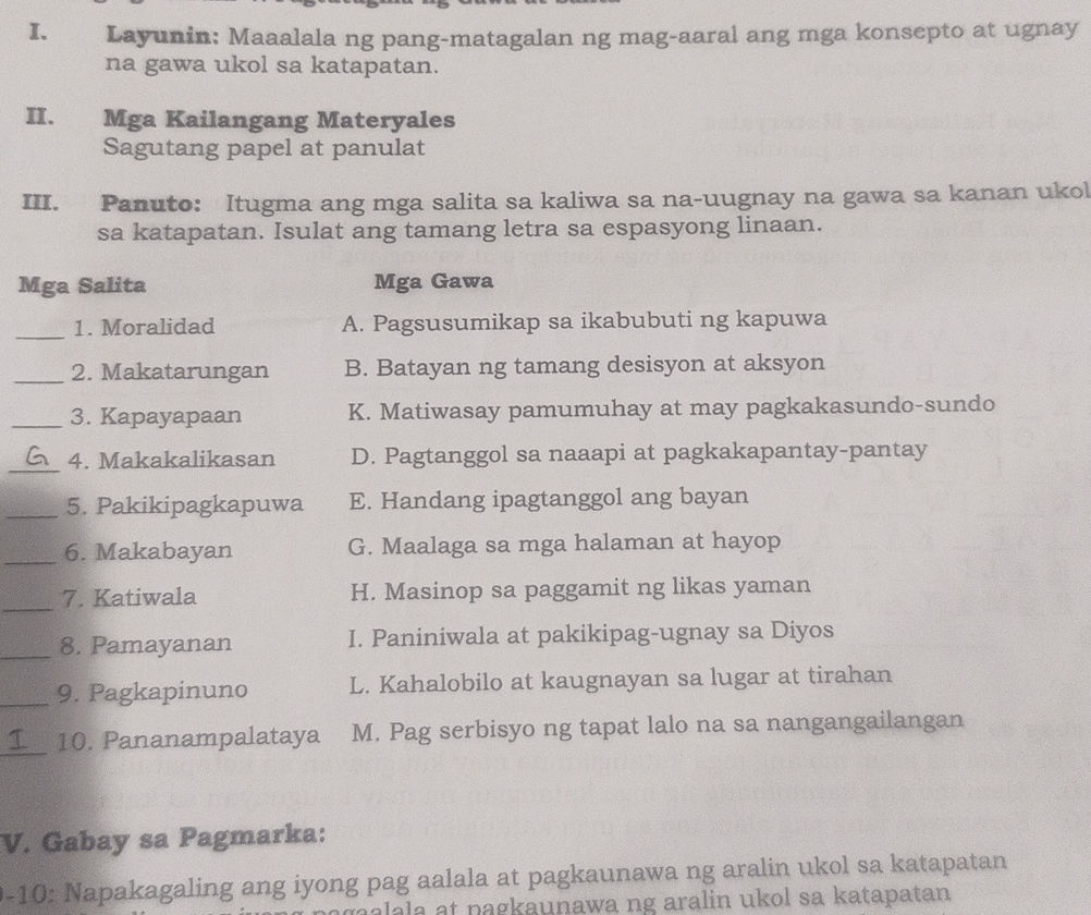 III. Panuto: Itugma ang mga salita sa kaliwa | StudyX