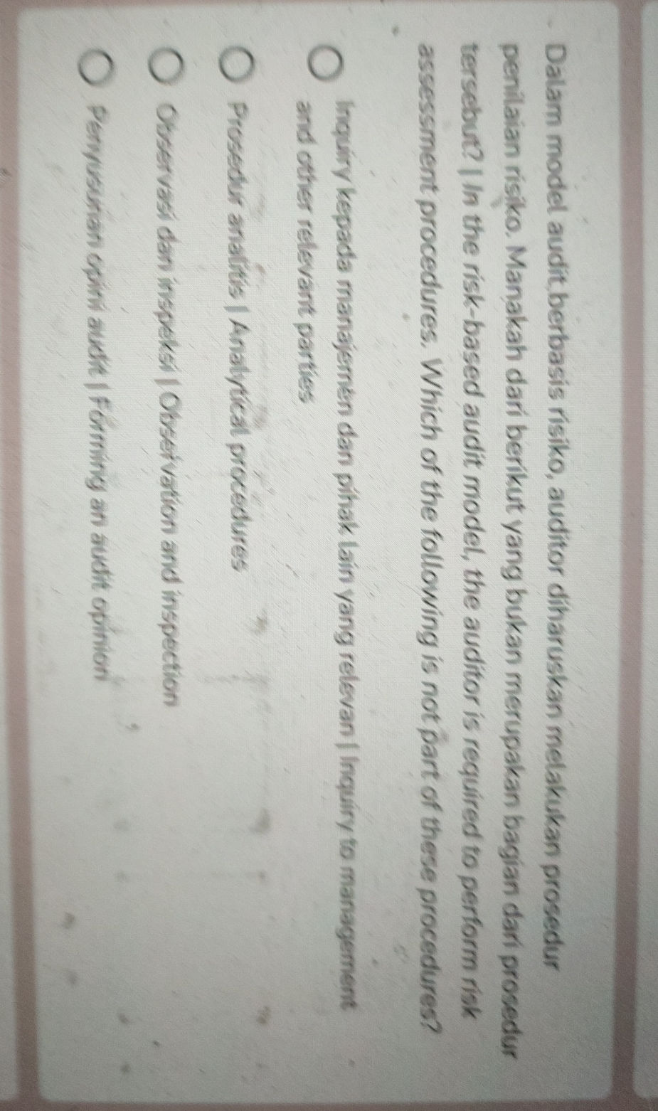 Dalam model audit berbasis risiko, auditor | StudyX