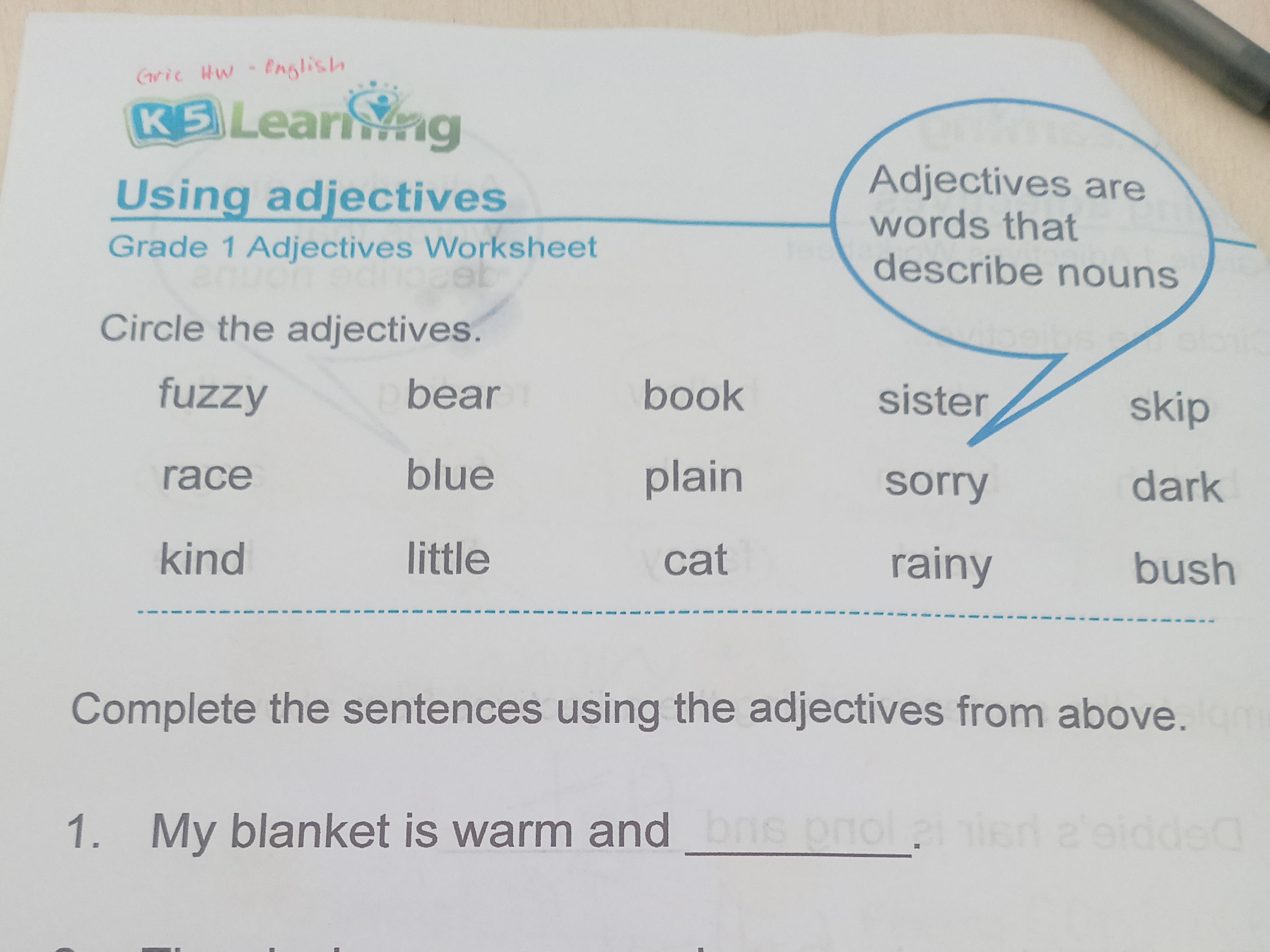 Circle the adjectives. fuzzy race kind | StudyX