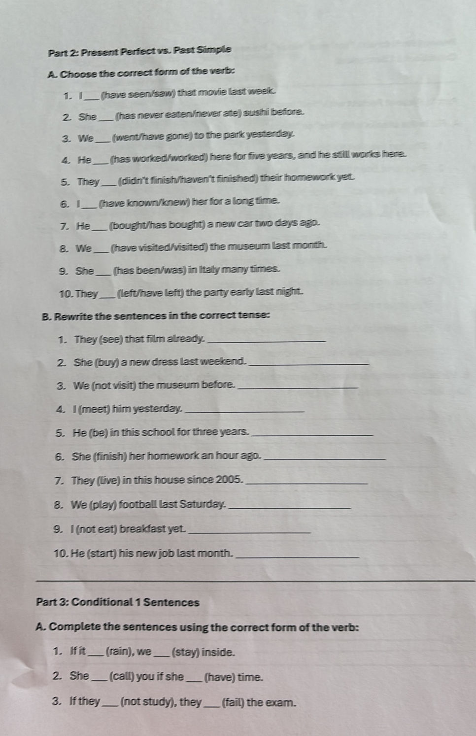 Part 2: Present Perfect vs. Past Simple A. | StudyX