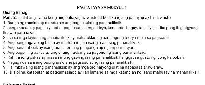 Unang Bahagi PAGTATAYA SA MODYUL 1 Panuto. | StudyX