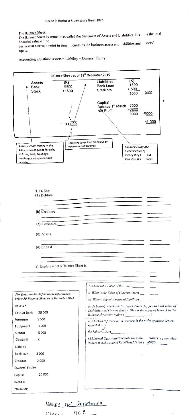 Grade 9: Business Study Work Sheet-2025 The | StudyX