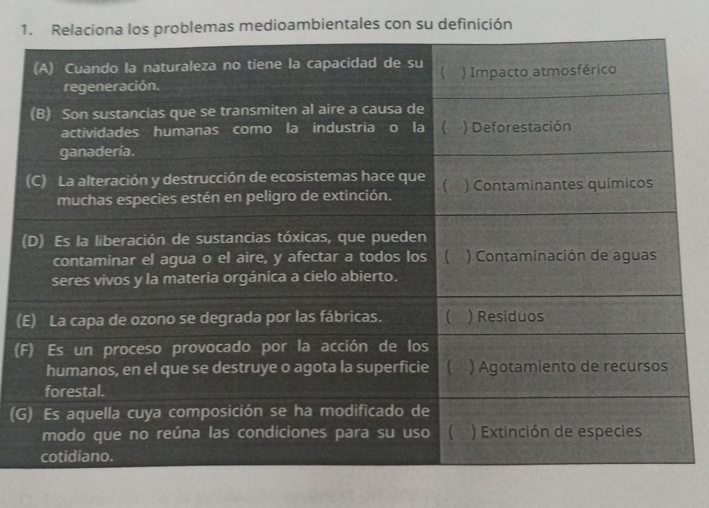 1. Relaciona los problemas medioambientales | StudyX