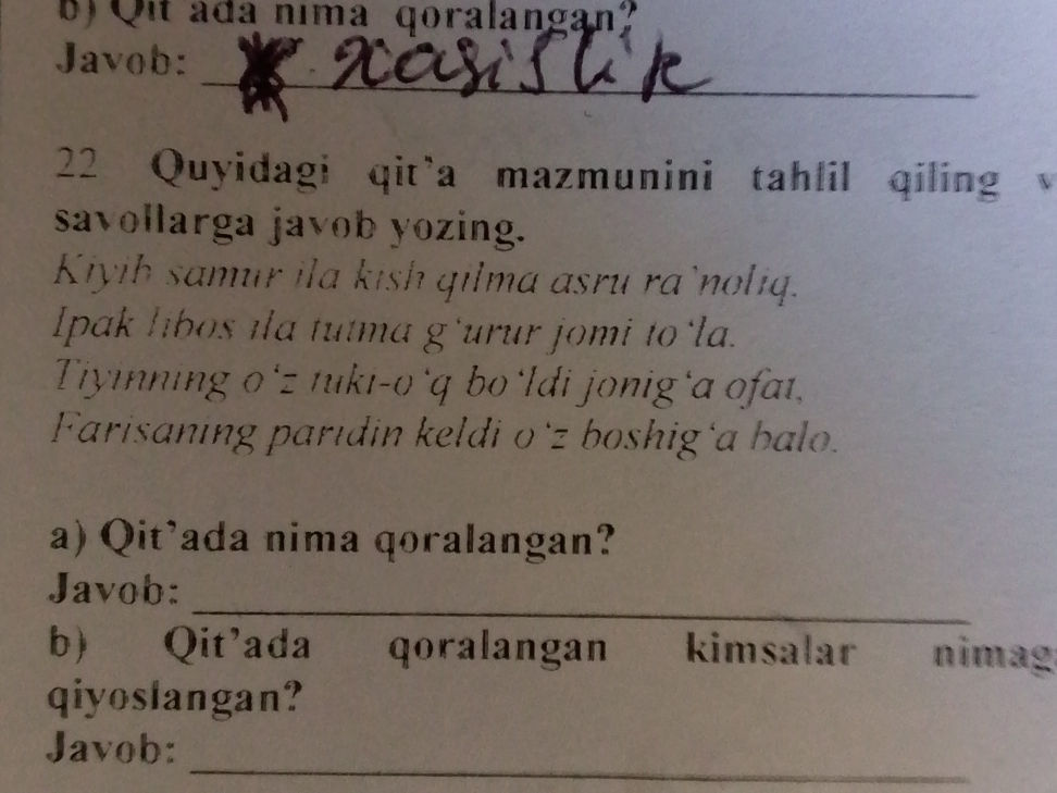 b) Qit'ada nima qoralangan? Javob: xasislik | StudyX