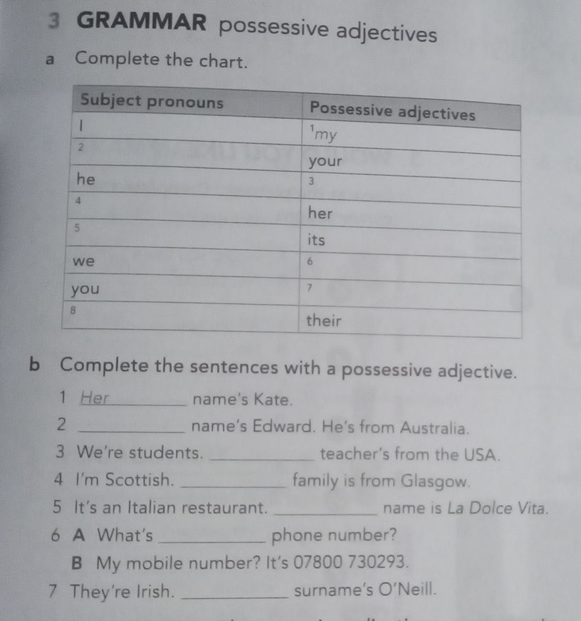 3 GRAMMAR possessive adjectives a Complete | StudyX