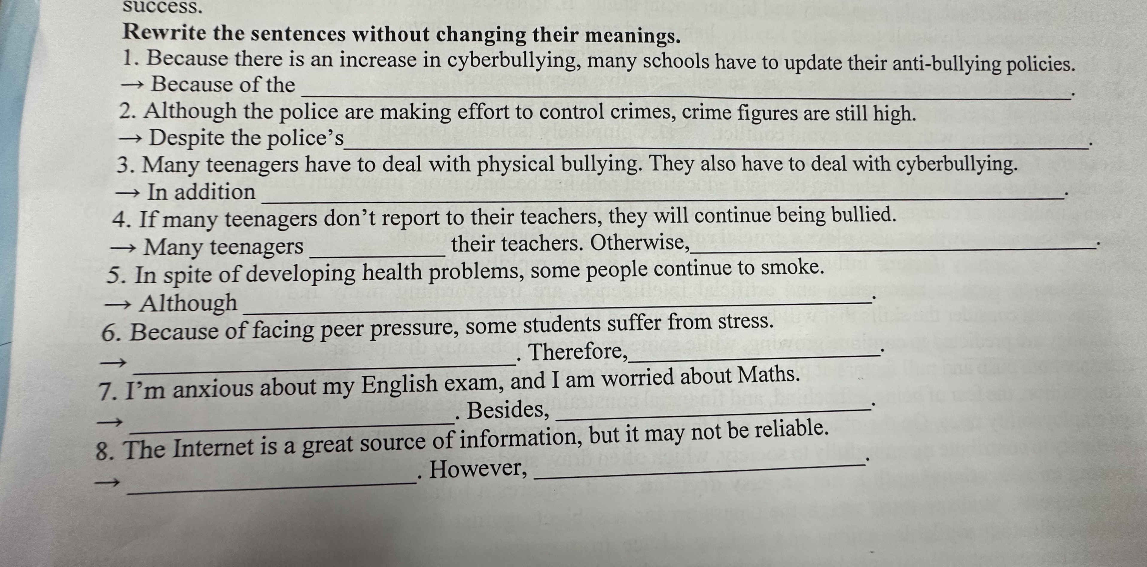 Rewrite the sentences without changing their | StudyX