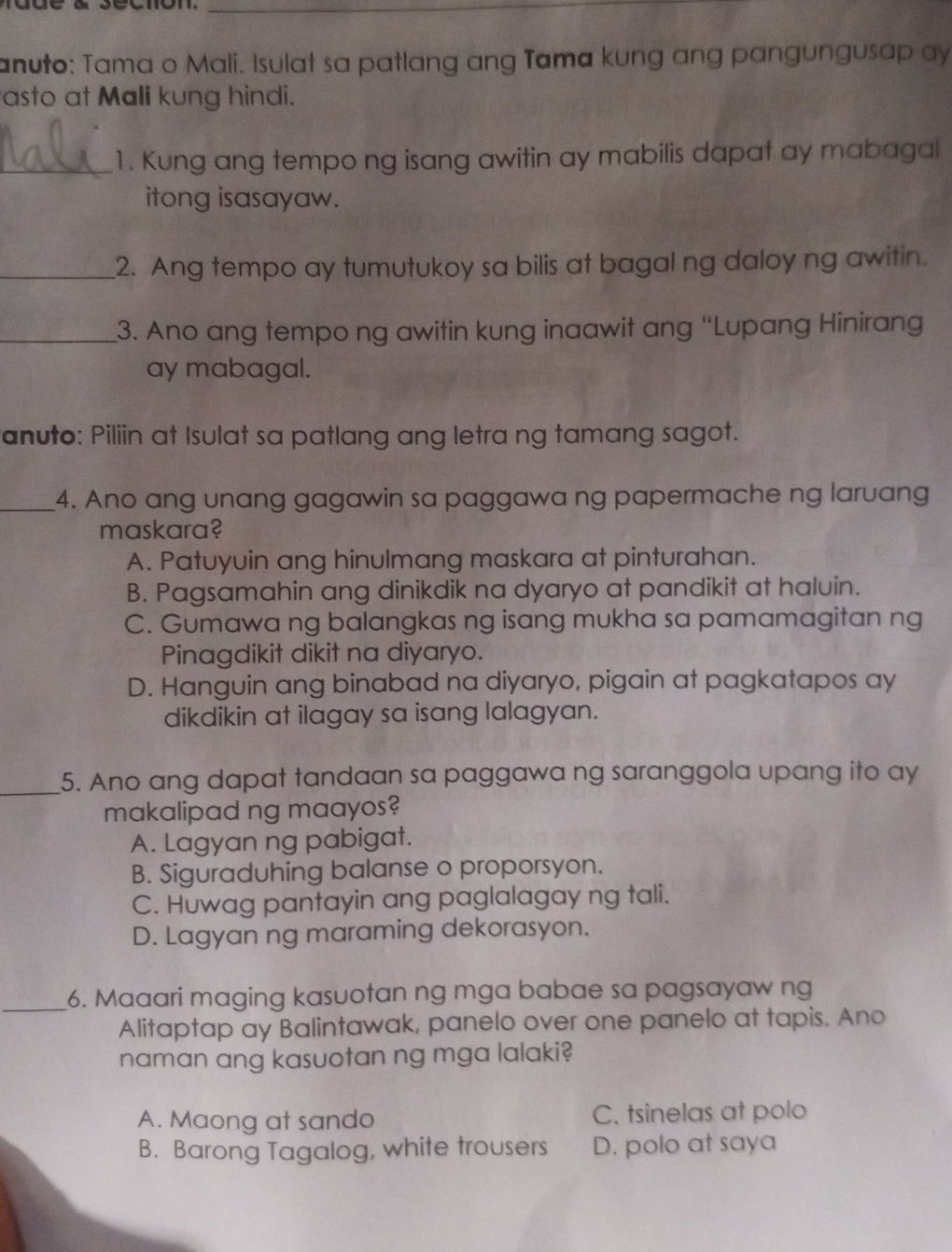 anuto: Tama o Mali. Isulat sa patlang ang | StudyX