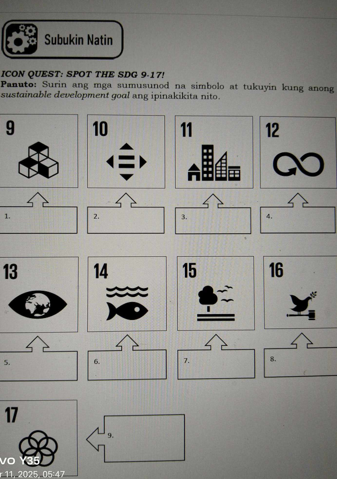 ICON QUEST: SPOT THE SDG 9-17! Panuto: Surin | StudyX