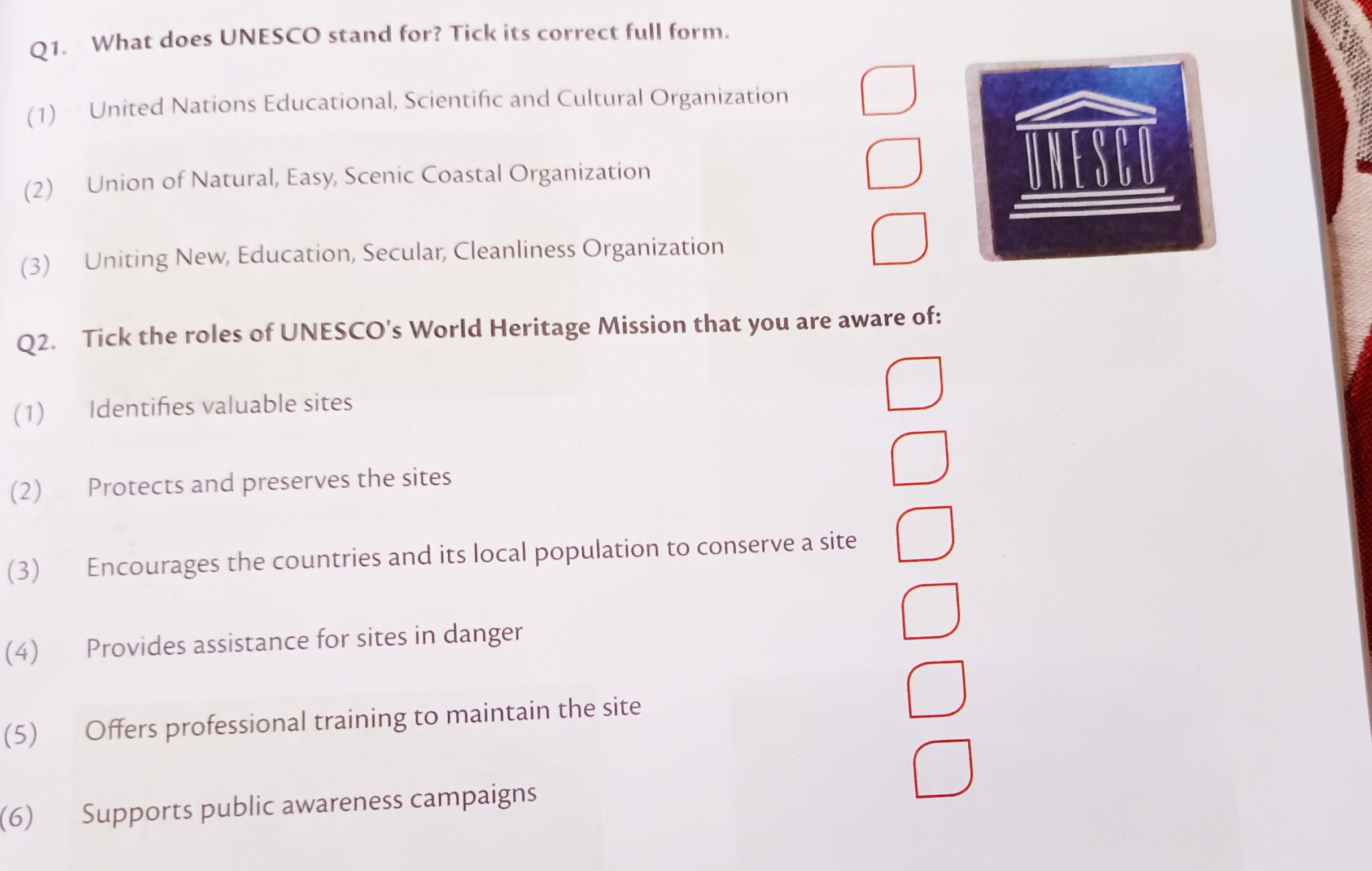 Q1. What does UNESCO stand for? Tick its | StudyX