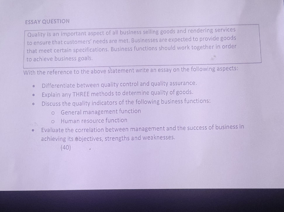 ESSAY QUESTION Quality is an important | StudyX