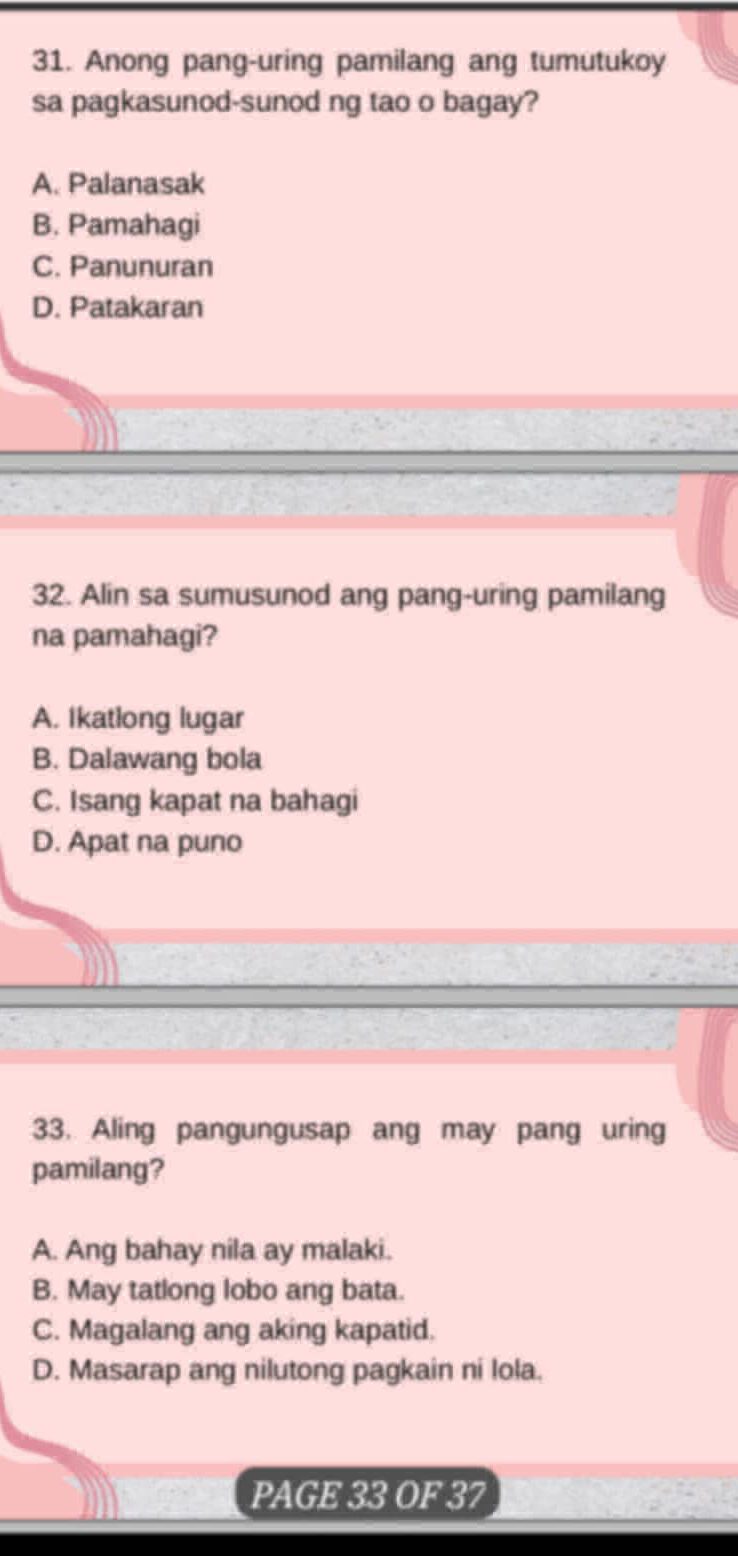 31. Anong pang-uring pamilang ang tumutukoy | StudyX