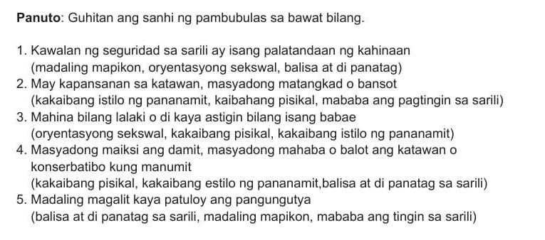 Panuto: Guhitan ang sanhi ng pambubulas sa | StudyX
