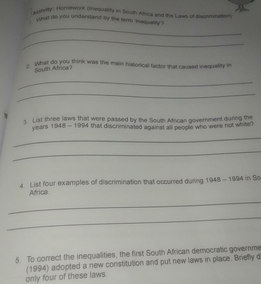 Activity: Homework (Inequality in South | StudyX