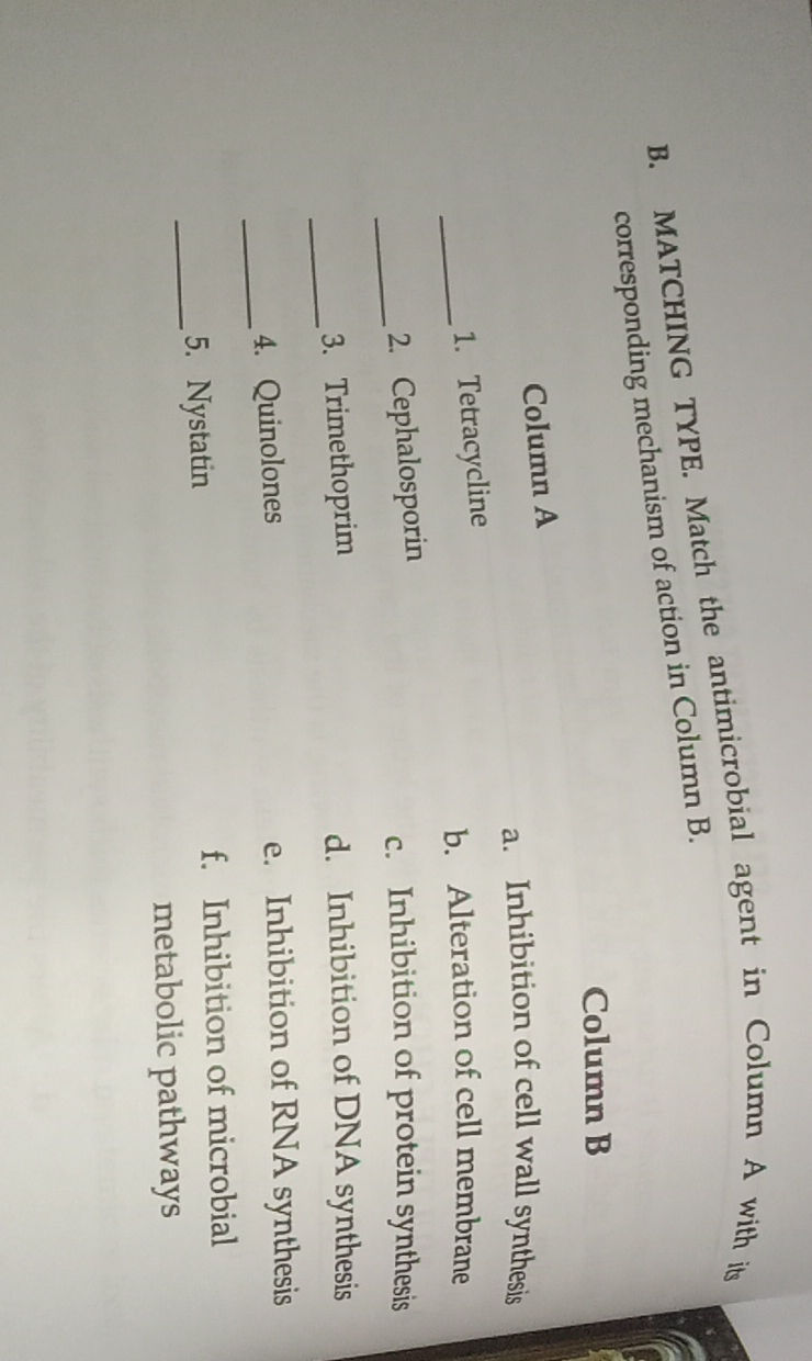 B. MATCHING TYPE. Match the antimicrobial | StudyX